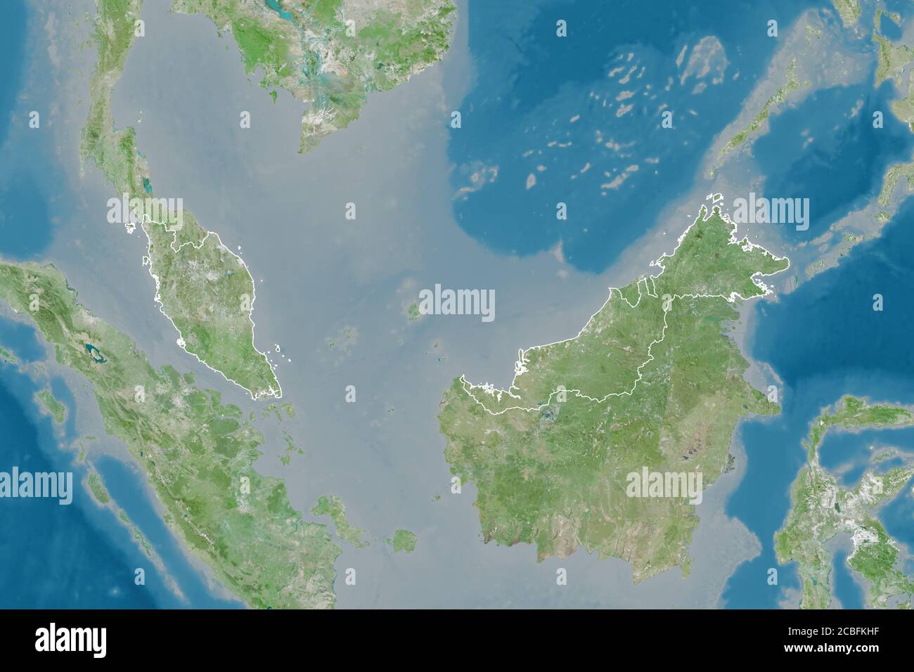 Extended area of outlined Malaysia. Satellite imagery. 3D rendering ...