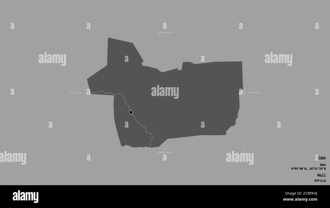 Area of Gao, region of Mali, isolated on a solid background in a ...