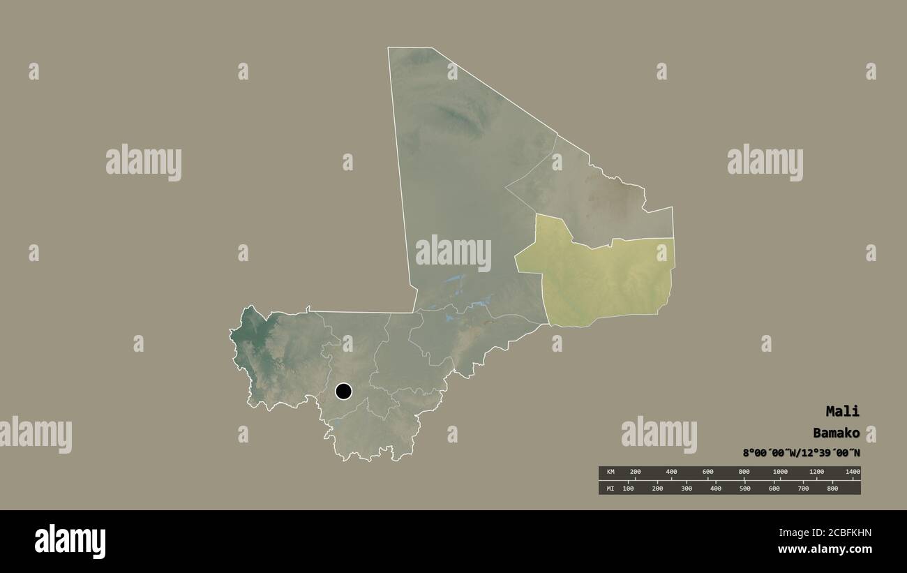 Desaturated shape of Mali with its capital, main regional division and ...