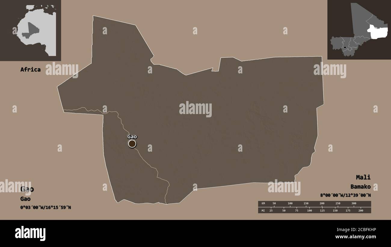 Shape of Gao, region of Mali, and its capital. Distance scale, previews ...