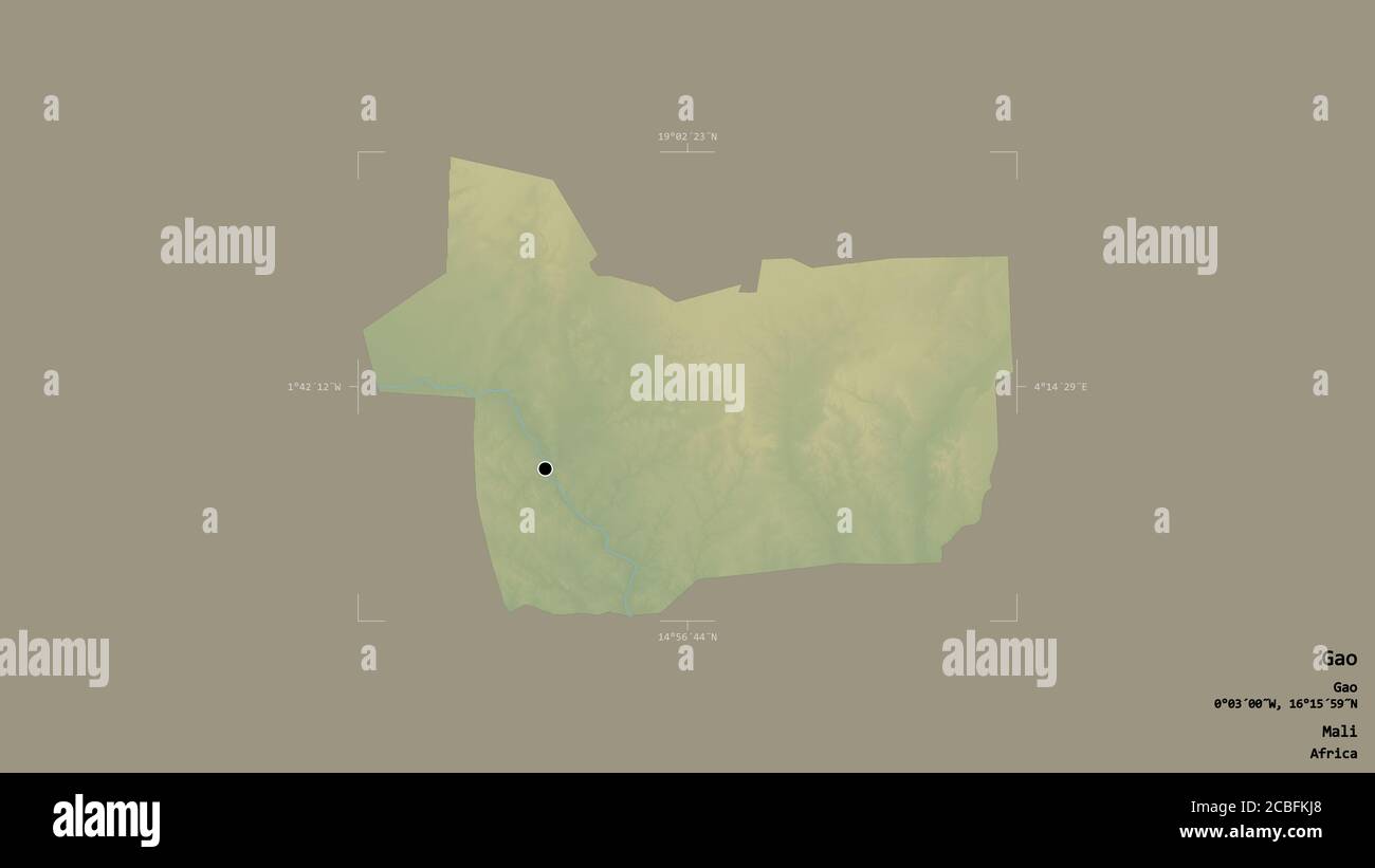 Area of Gao, region of Mali, isolated on a solid background in a ...