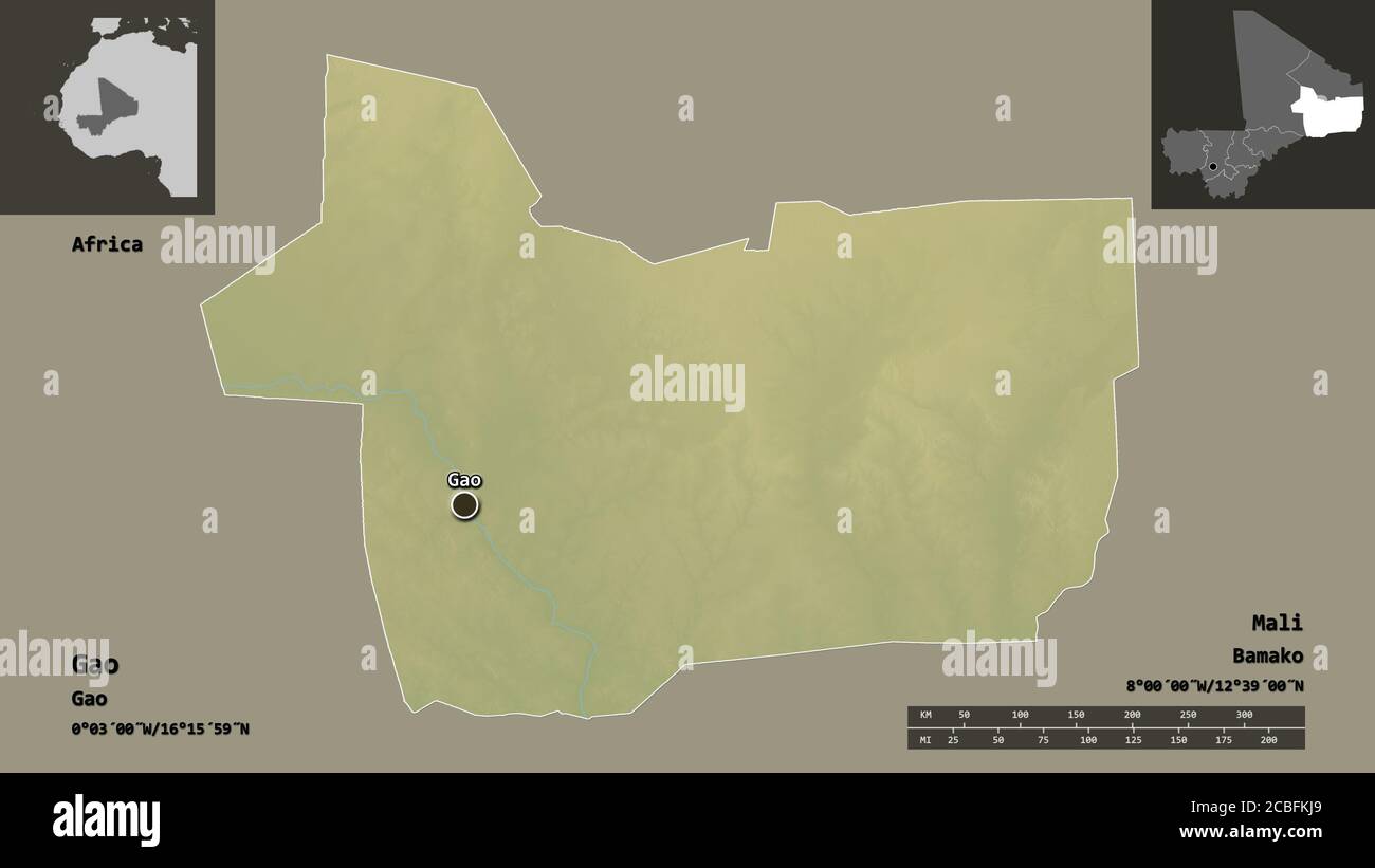 Shape of Gao, region of Mali, and its capital. Distance scale, previews ...