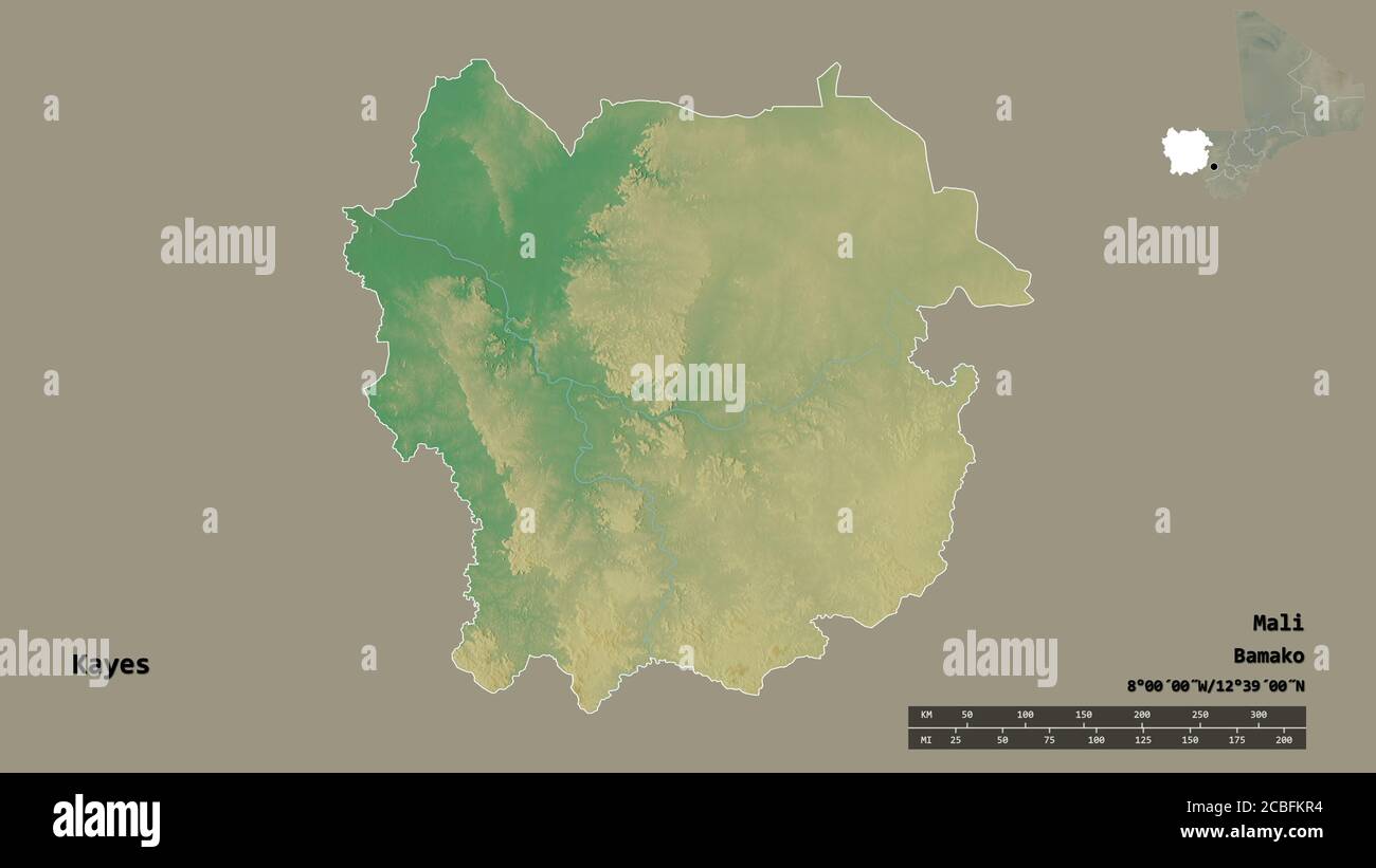 Shape of Kayes, region of Mali, with its capital isolated on solid ...