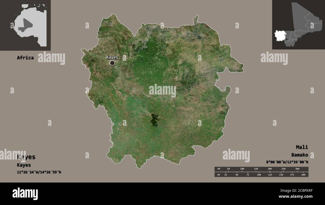 Shape of Kayes, region of Mali, and its capital. Distance scale ...