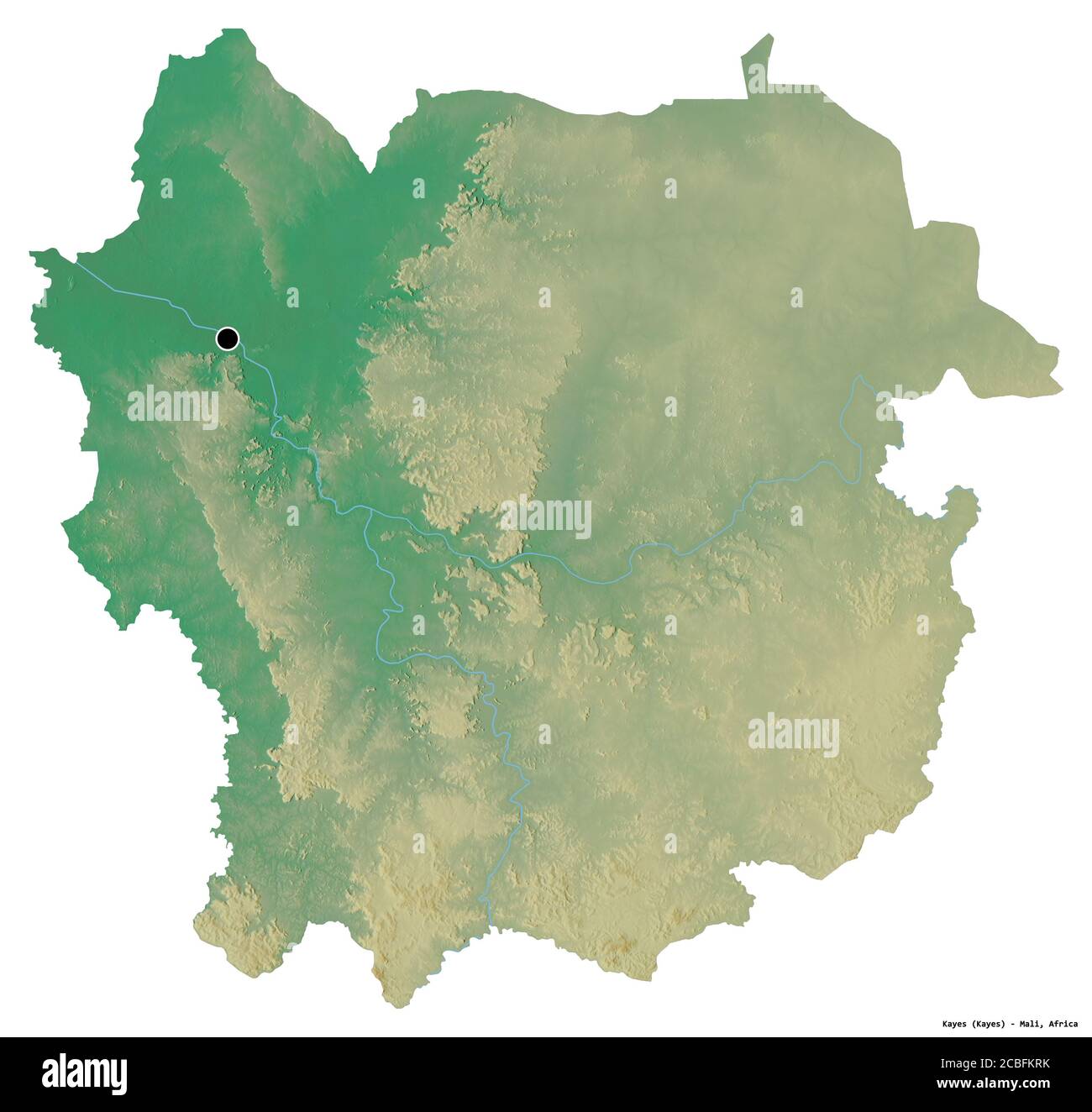 Shape of Kayes, region of Mali, with its capital isolated on white ...