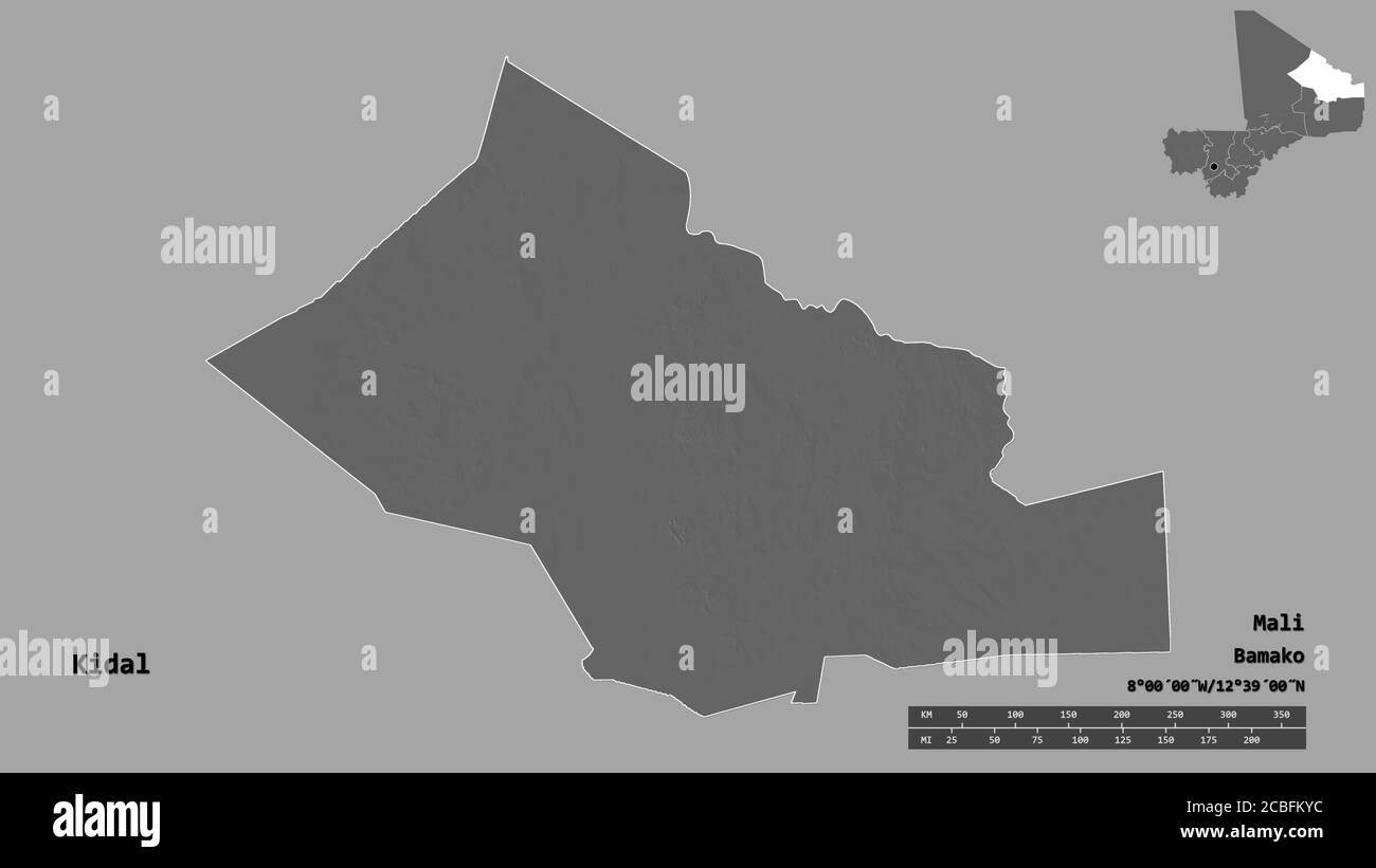 Shape of Kidal, region of Mali, with its capital isolated on solid ...