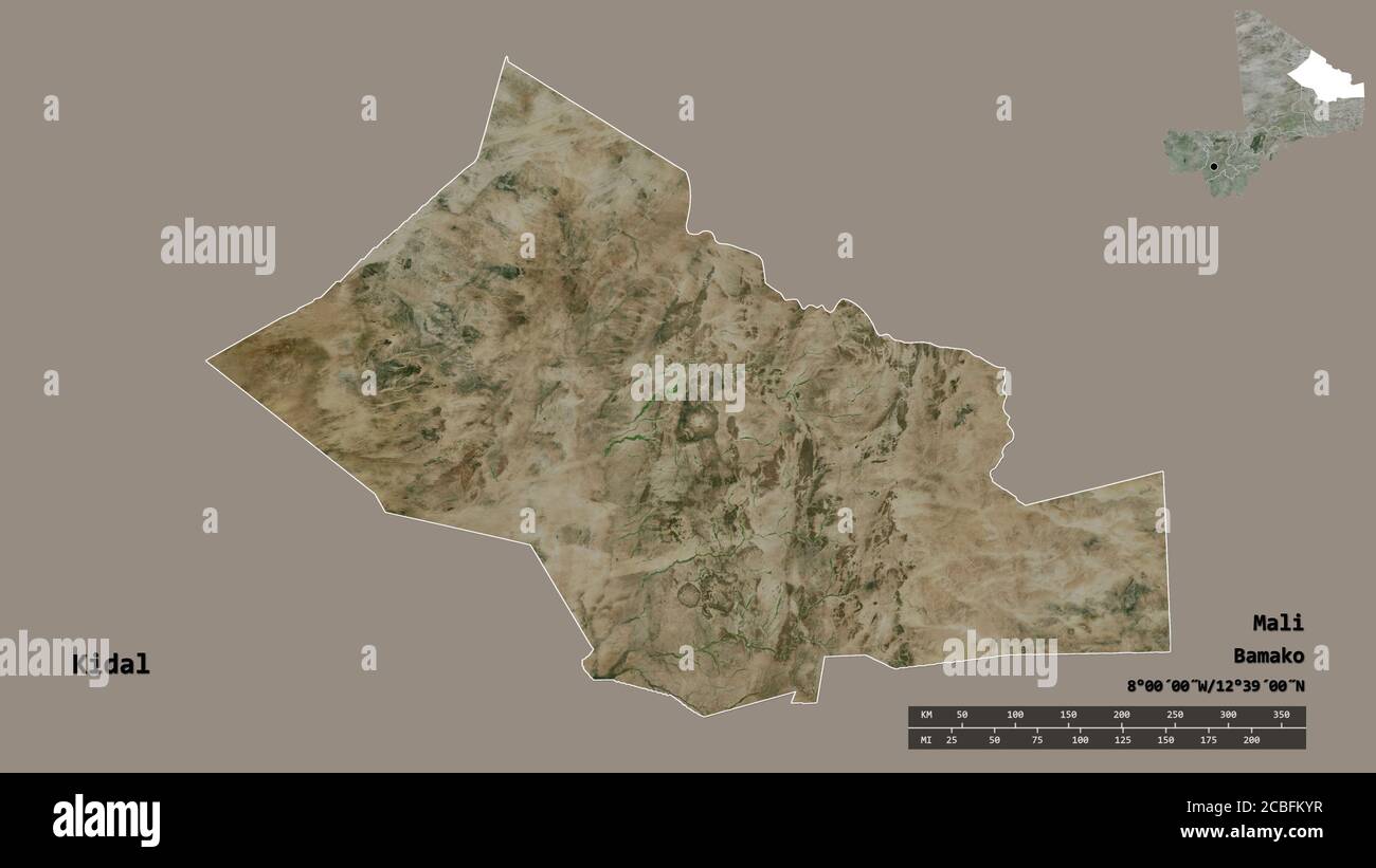 Shape of Kidal, region of Mali, with its capital isolated on solid ...
