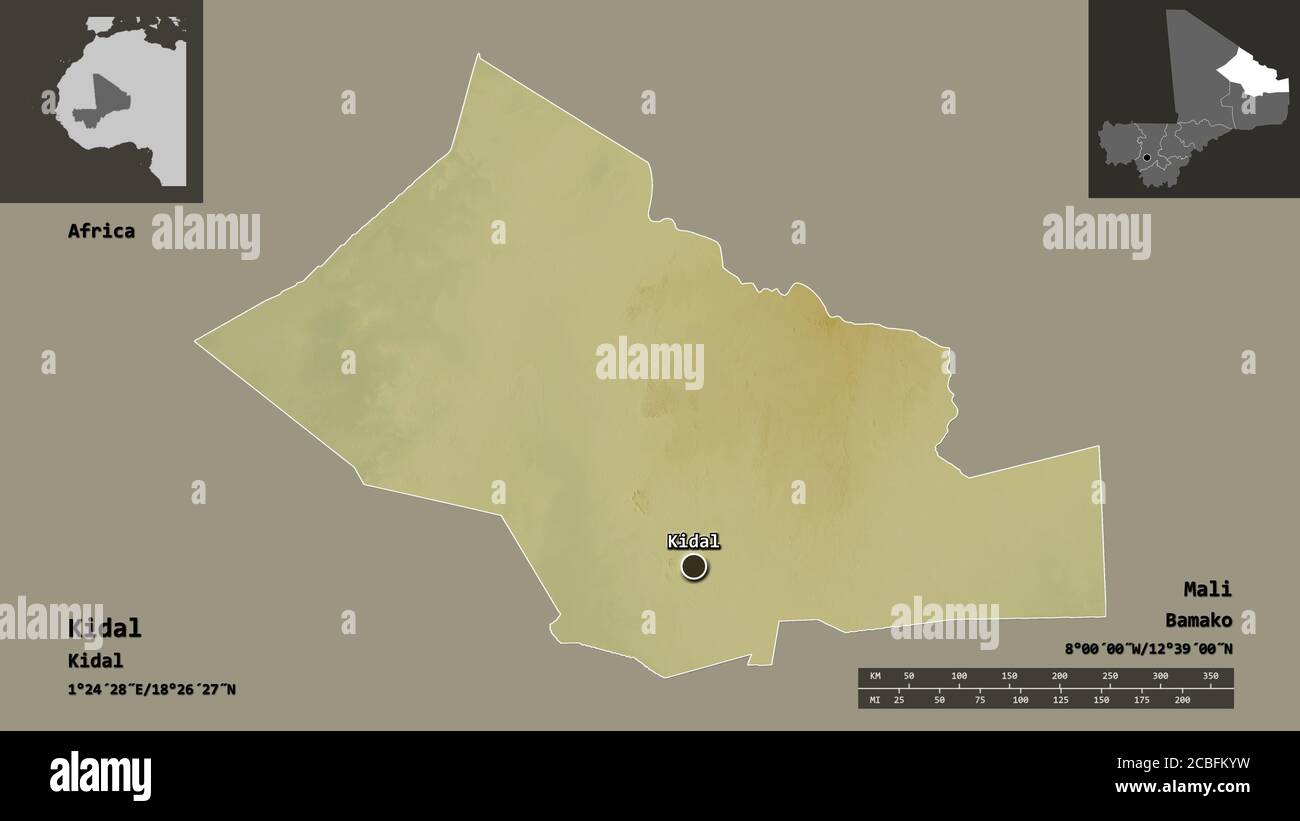 Shape of Kidal, region of Mali, and its capital. Distance scale ...