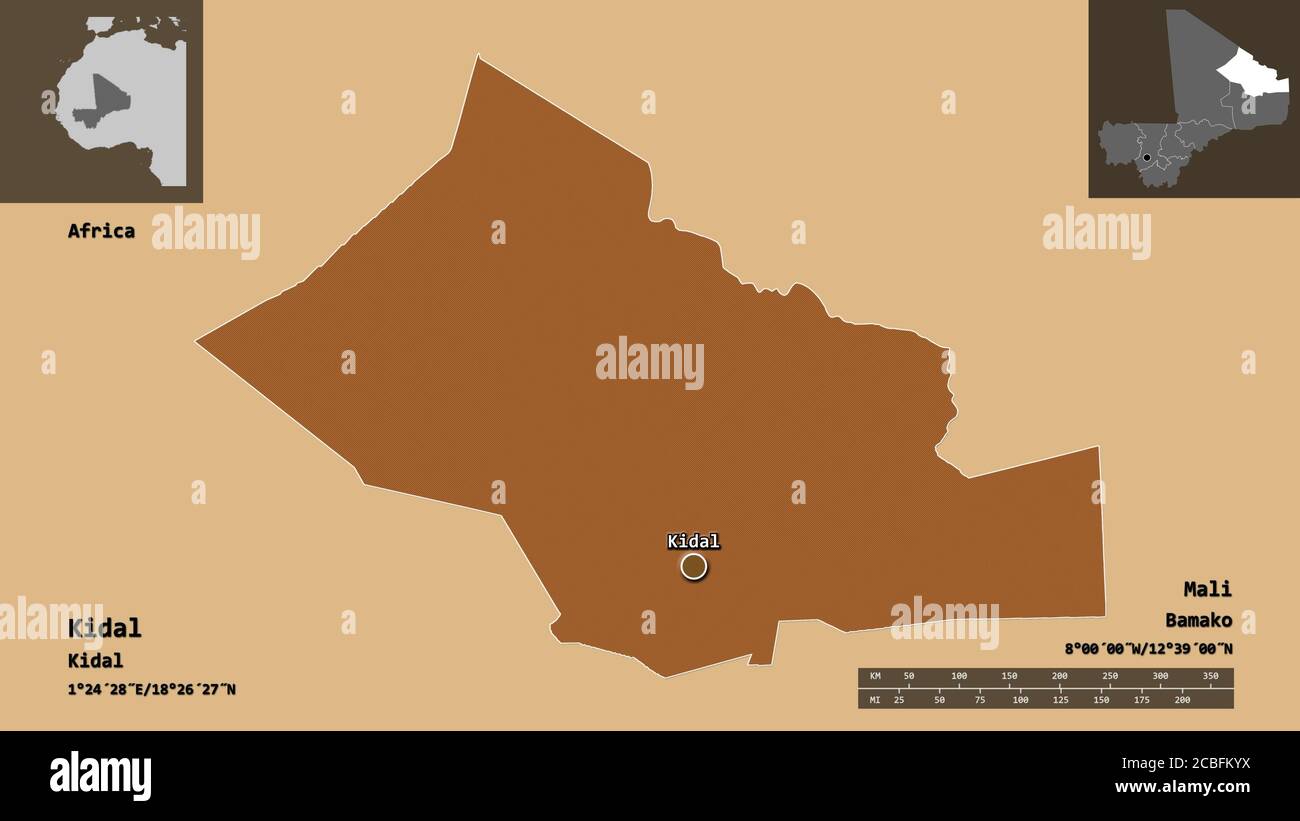 Shape of Kidal, region of Mali, and its capital. Distance scale ...