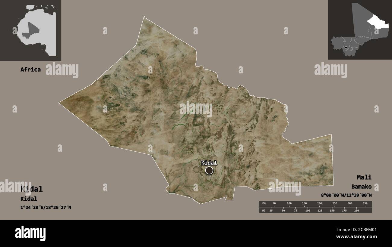 Shape of Kidal, region of Mali, and its capital. Distance scale ...