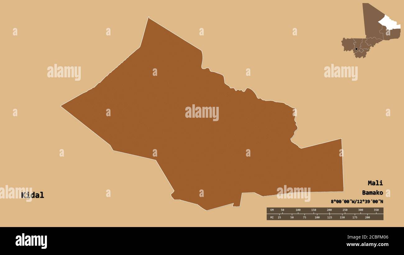 Shape of Kidal, region of Mali, with its capital isolated on solid ...