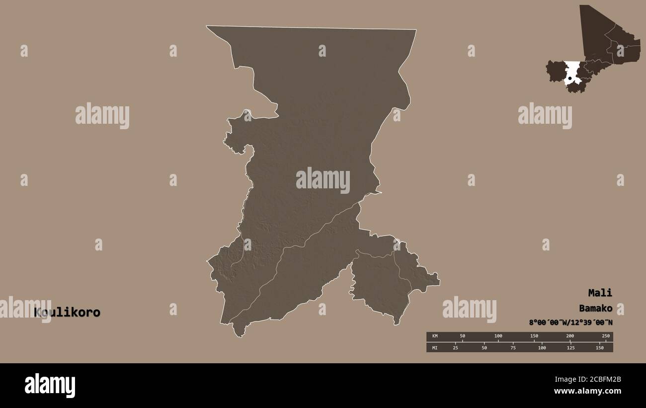 Shape of Koulikoro, region of Mali, with its capital isolated on solid ...