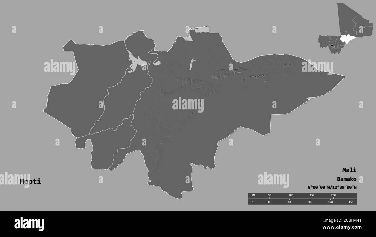 Shape of Mopti, region of Mali, with its capital isolated on solid ...