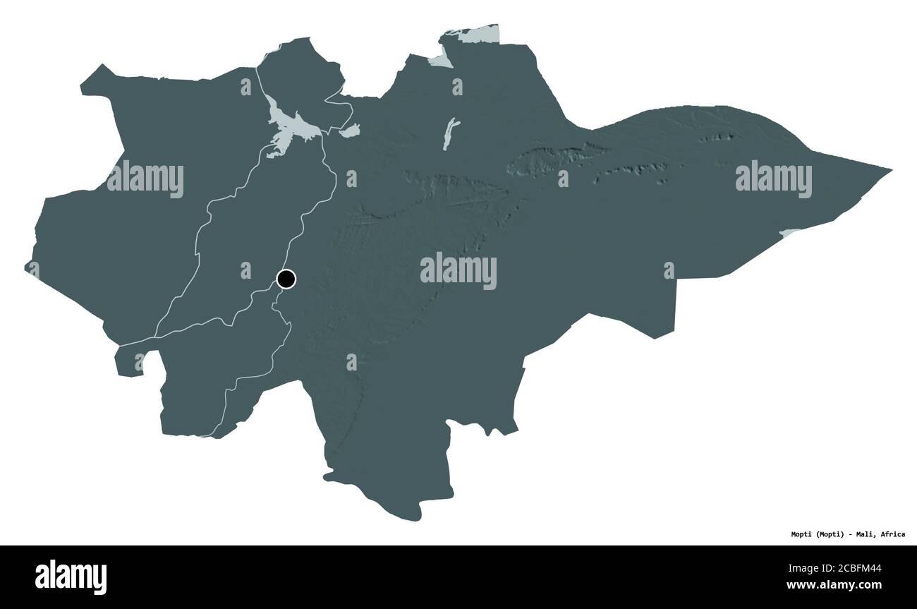 Shape of Mopti, region of Mali, with its capital isolated on white ...