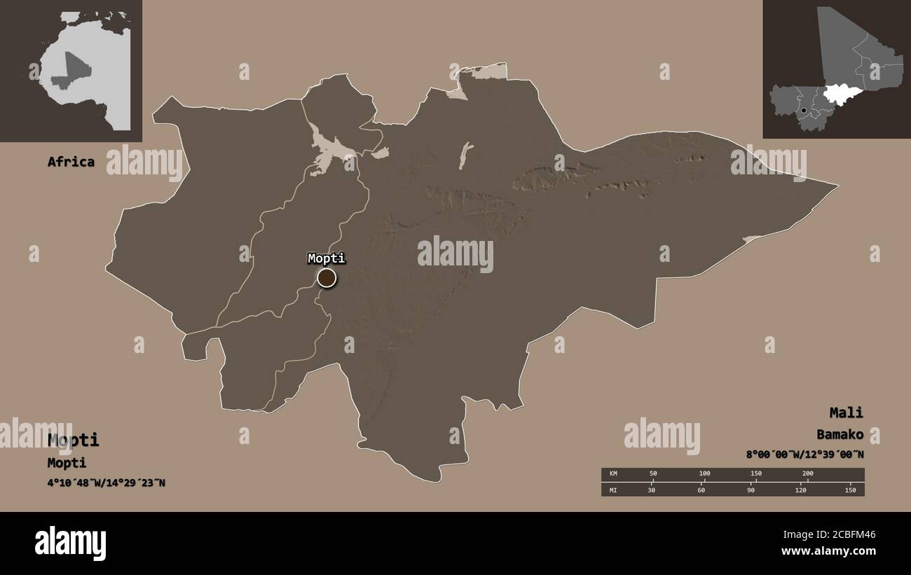Shape of Mopti, region of Mali, and its capital. Distance scale ...