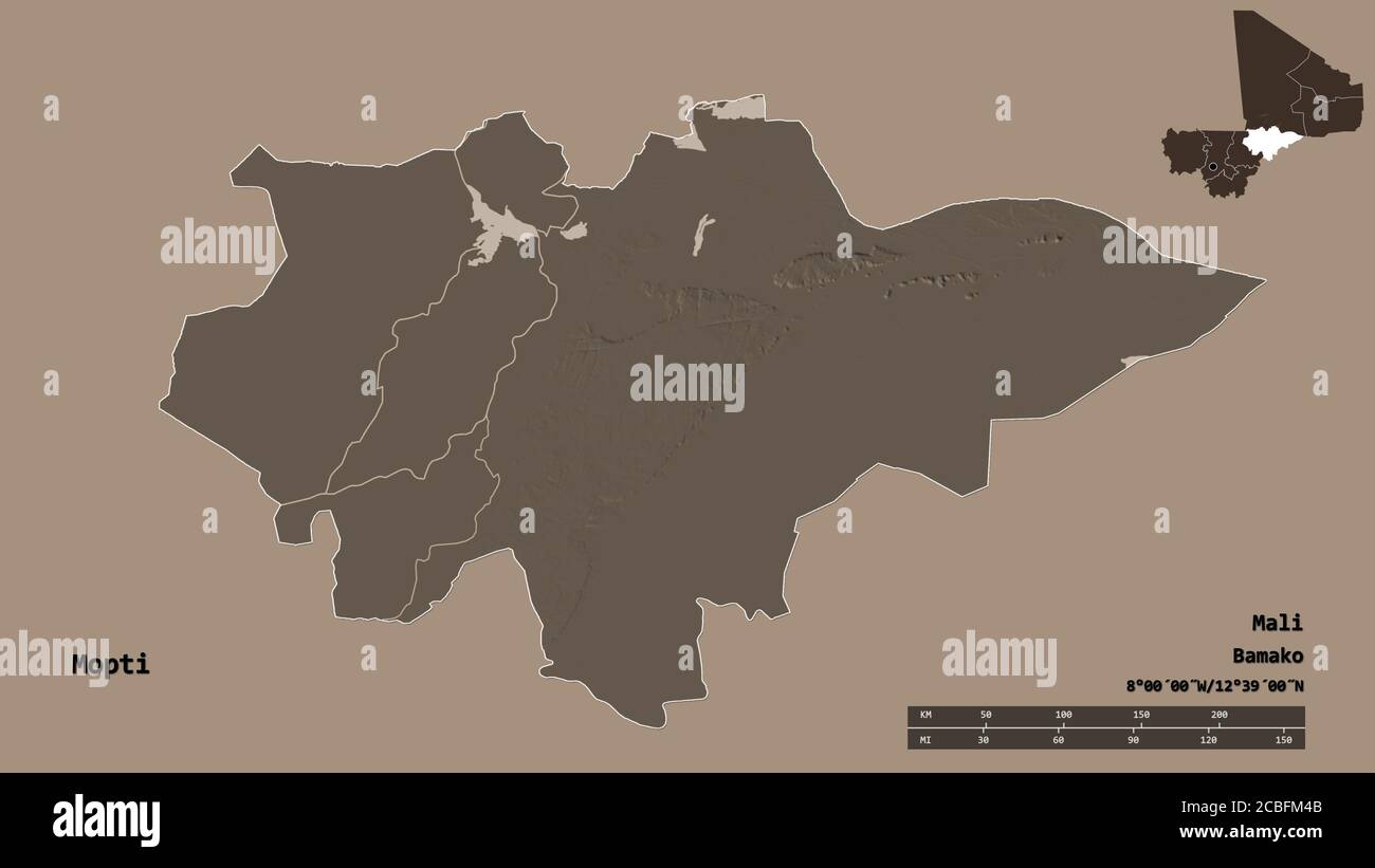 Shape of Mopti, region of Mali, with its capital isolated on solid ...