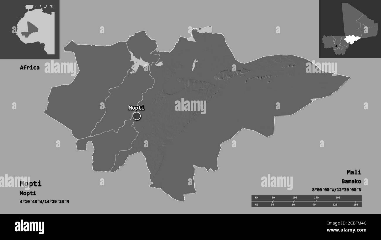 Shape of Mopti, region of Mali, and its capital. Distance scale ...