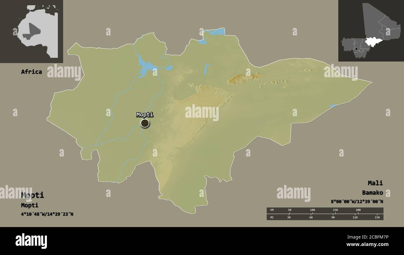 Shape of Mopti, region of Mali, and its capital. Distance scale ...