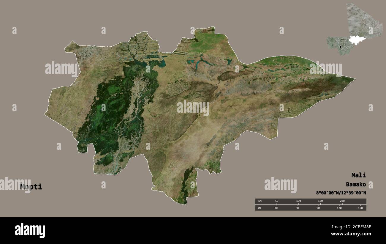 Shape of Mopti, region of Mali, with its capital isolated on solid ...