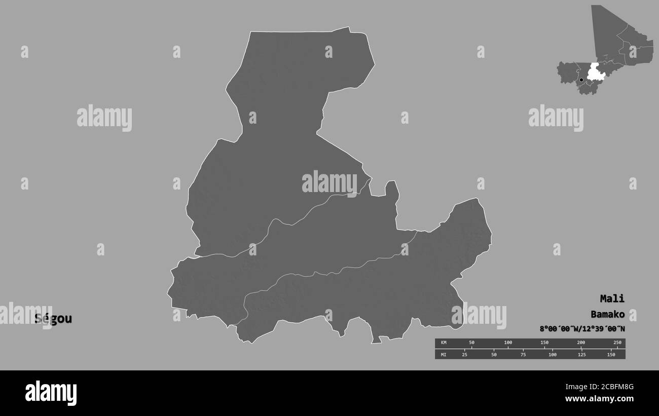 Shape of Ségou, region of Mali, with its capital isolated on solid ...