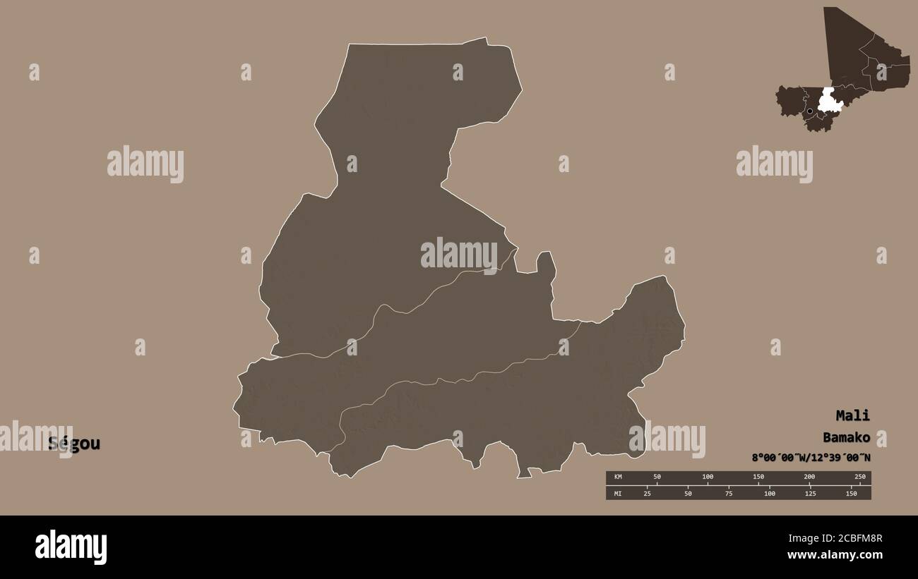 Shape of Ségou, region of Mali, with its capital isolated on solid ...