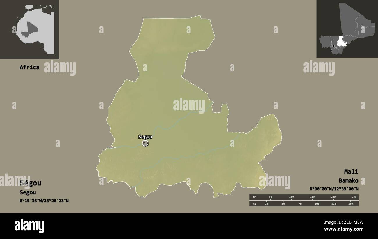 Shape of Ségou, region of Mali, and its capital. Distance scale ...