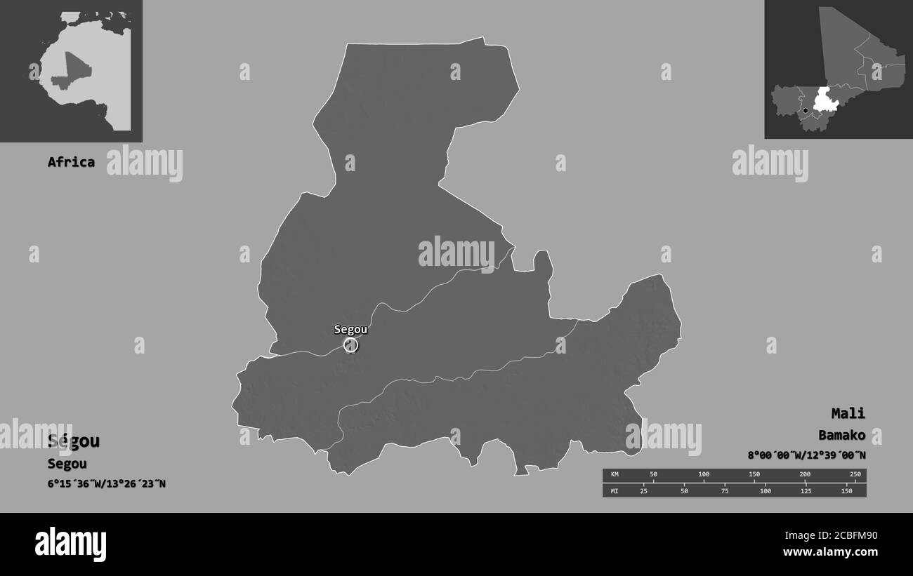 Shape of Ségou, region of Mali, and its capital. Distance scale ...
