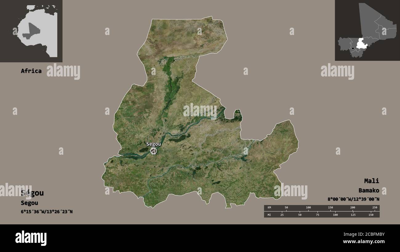 Shape of Ségou, region of Mali, and its capital. Distance scale ...