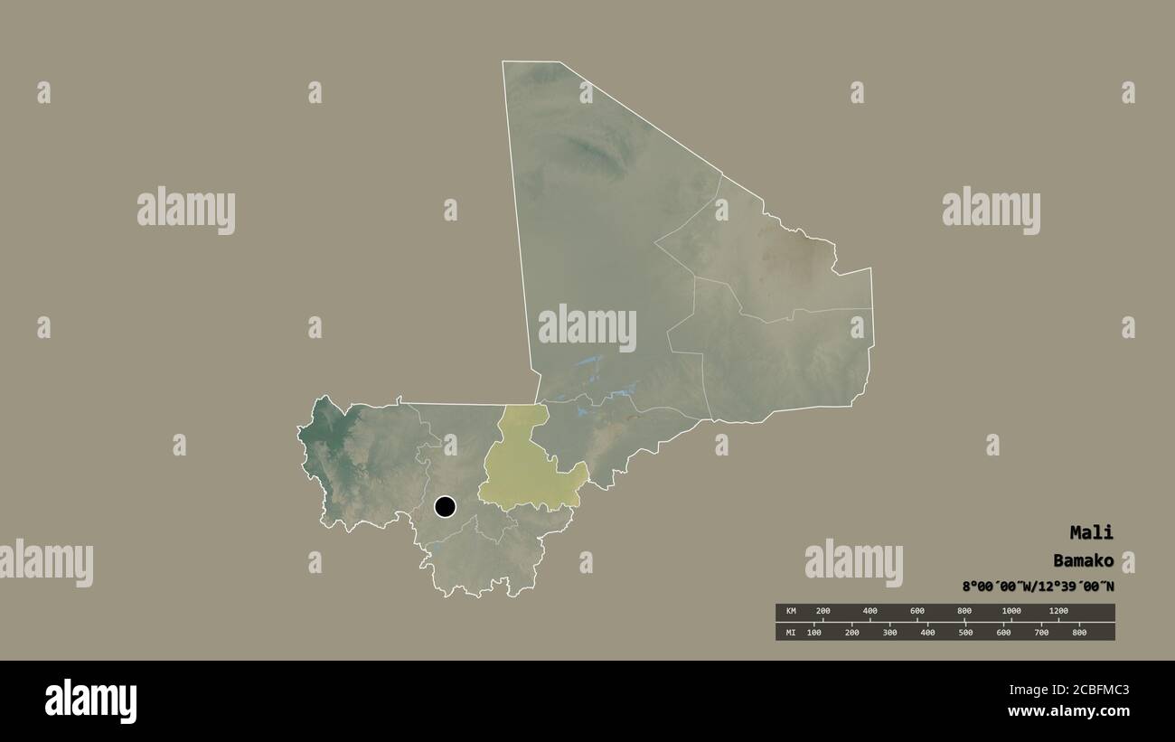 Desaturated shape of Mali with its capital, main regional division and ...