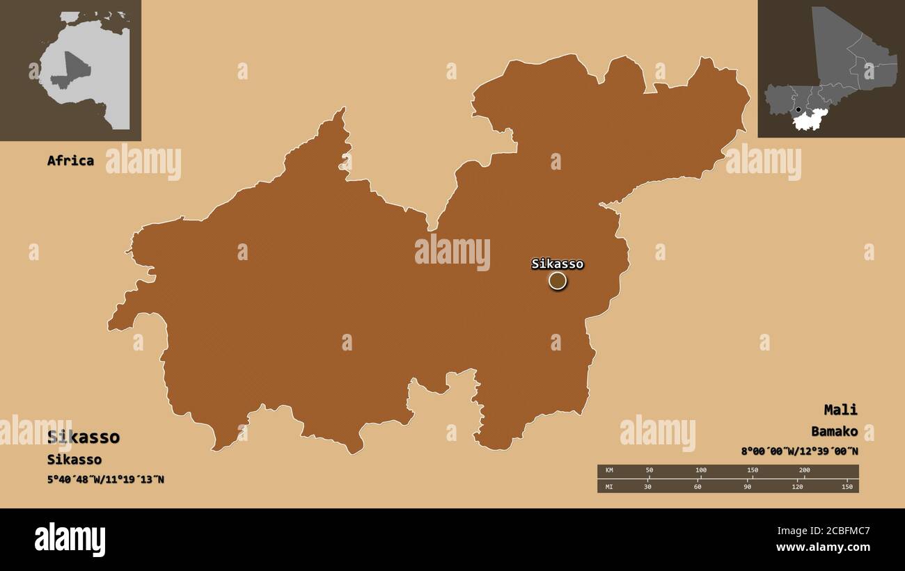 Shape of Sikasso, region of Mali, and its capital. Distance scale ...