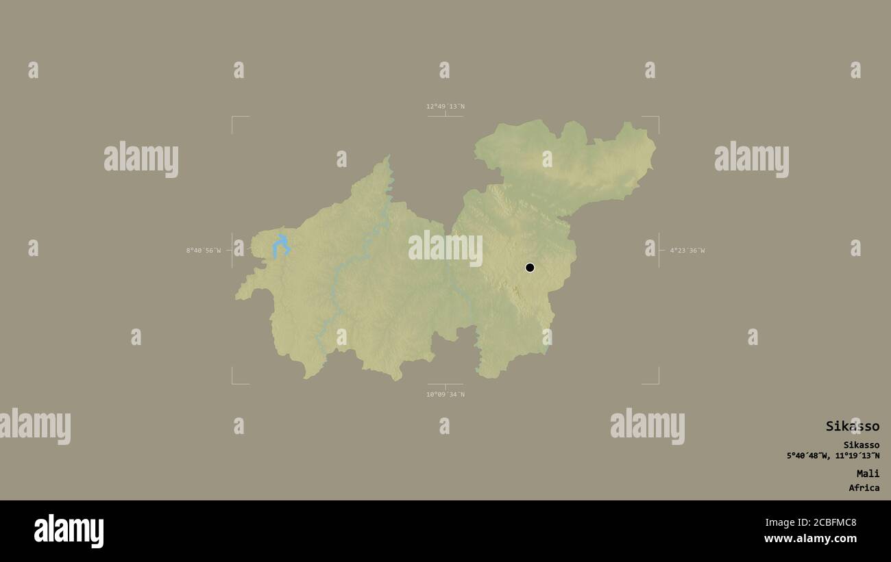 Area of Sikasso, region of Mali, isolated on a solid background in a ...