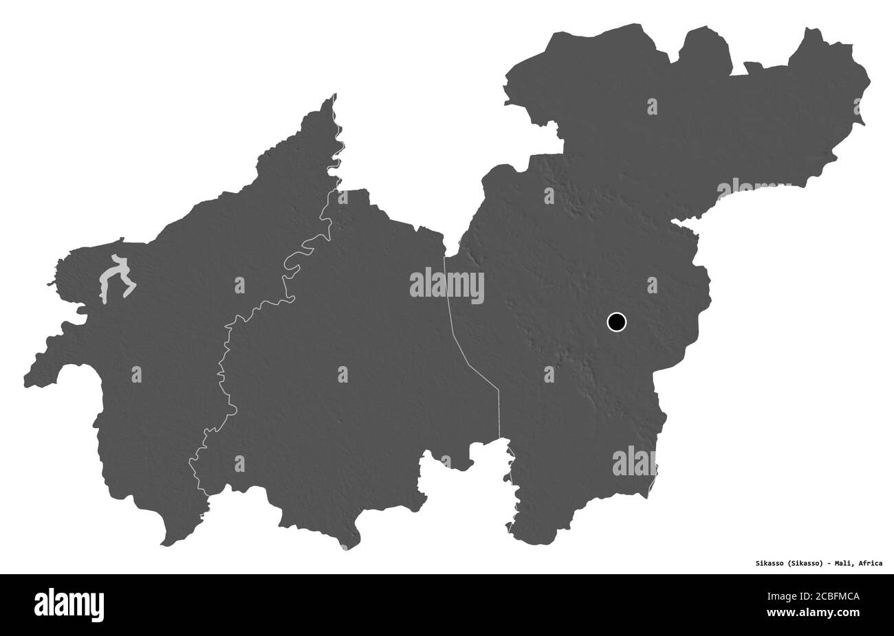 Shape of Sikasso, region of Mali, with its capital isolated on white ...