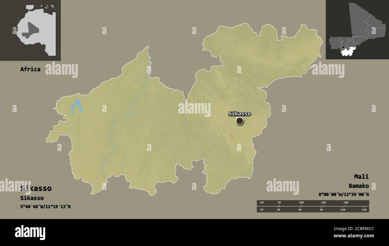 Shape of Sikasso, region of Mali, and its capital. Distance scale ...