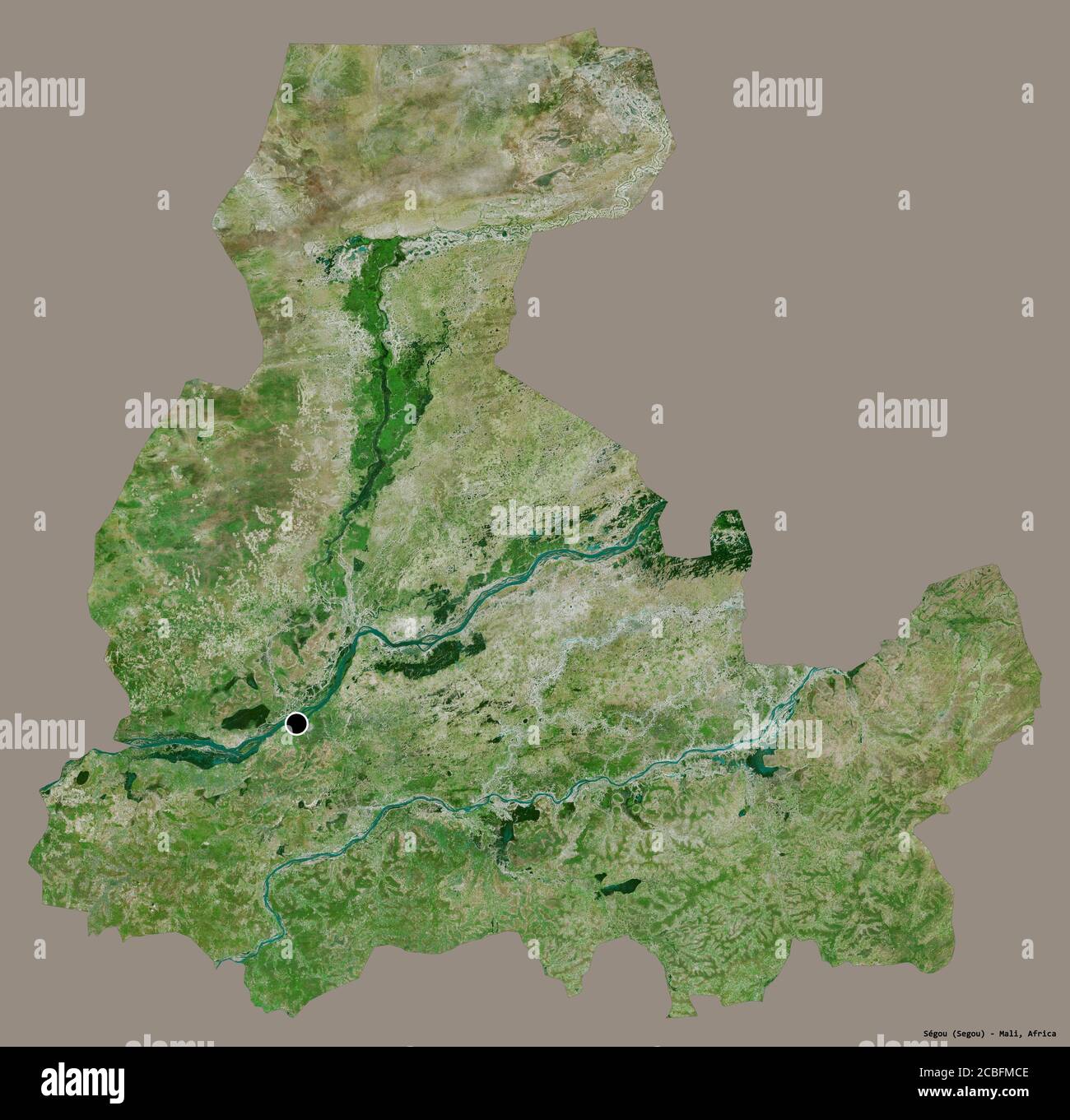 Shape of Ségou, region of Mali, with its capital isolated on a solid ...