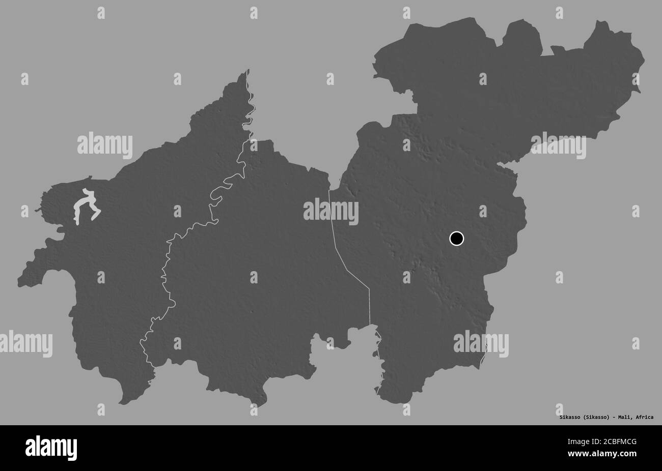 Shape of Sikasso, region of Mali, with its capital isolated on a solid ...
