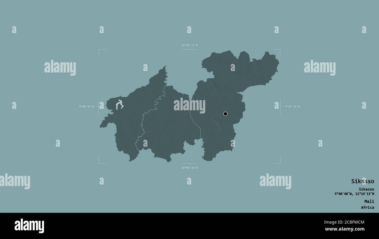 Area of Sikasso, region of Mali, isolated on a solid background in a ...