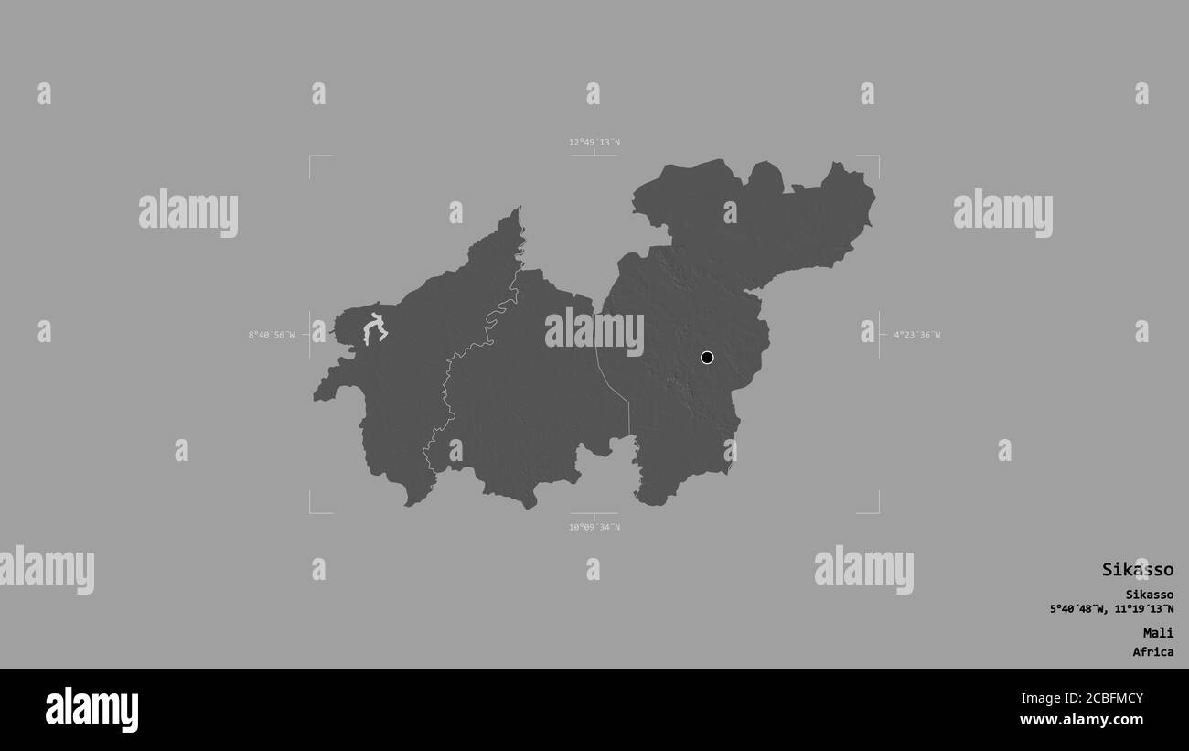 Area of Sikasso, region of Mali, isolated on a solid background in a ...