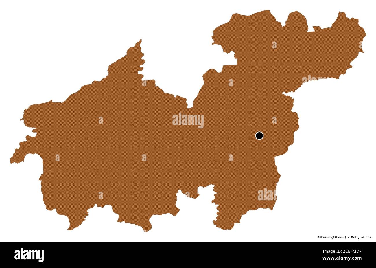 Shape of Sikasso, region of Mali, with its capital isolated on white ...