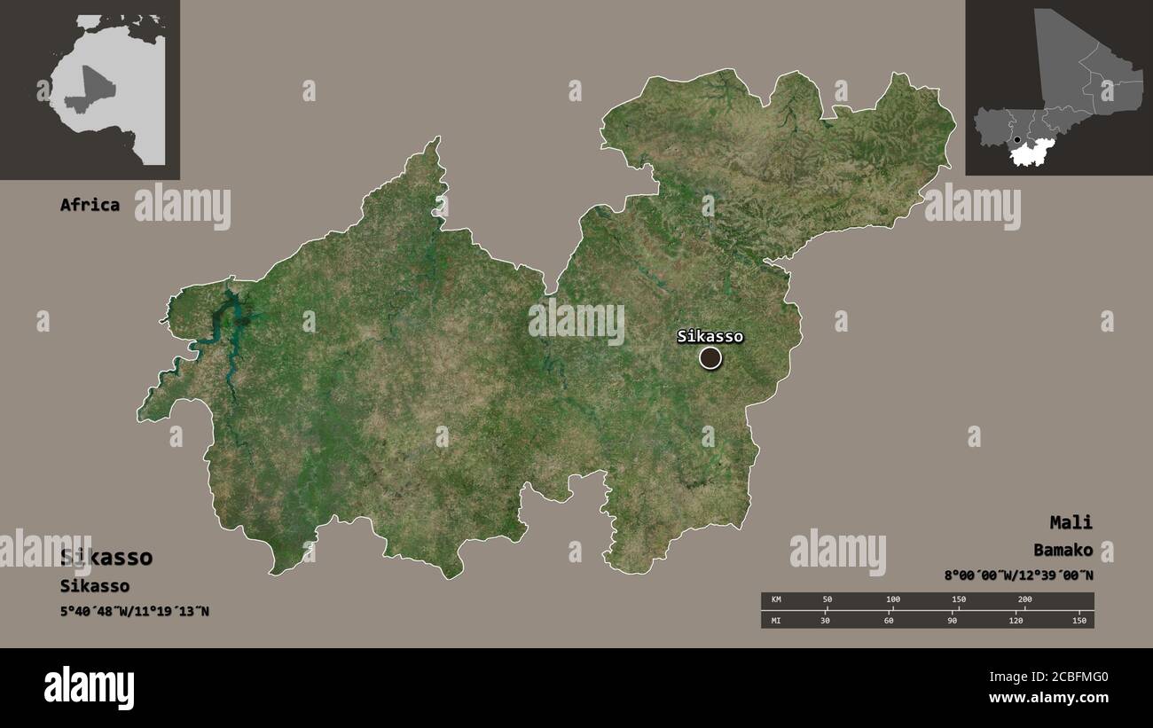 Shape of Sikasso, region of Mali, and its capital. Distance scale ...