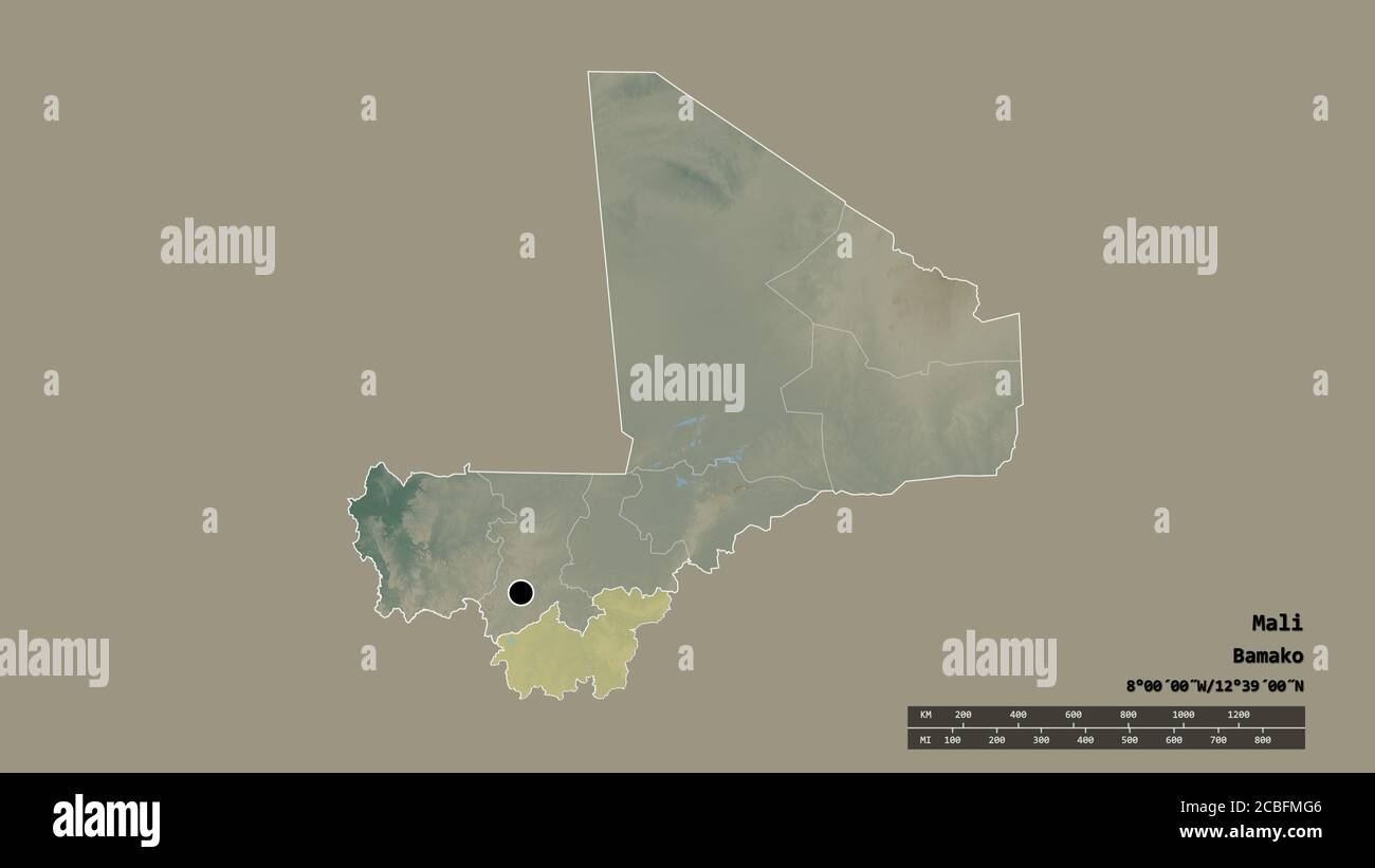 Desaturated shape of Mali with its capital, main regional division and ...