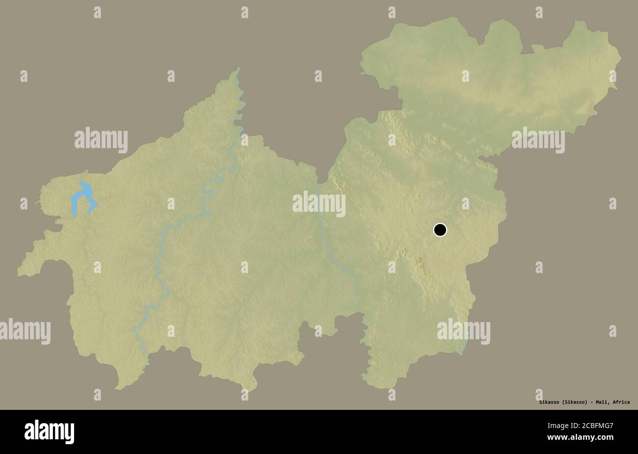 Shape of Sikasso, region of Mali, with its capital isolated on a solid ...