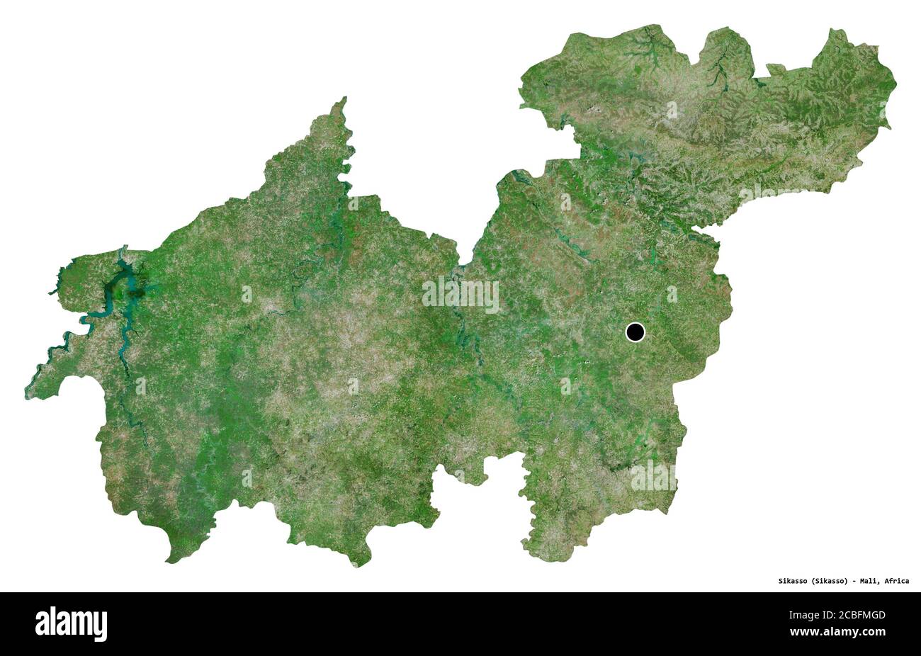 Shape of Sikasso, region of Mali, with its capital isolated on white ...
