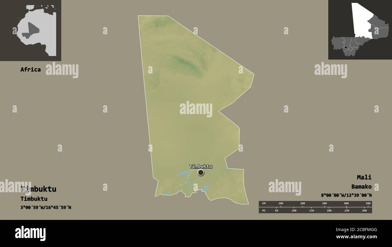 Shape of Timbuktu, region of Mali, and its capital. Distance scale ...