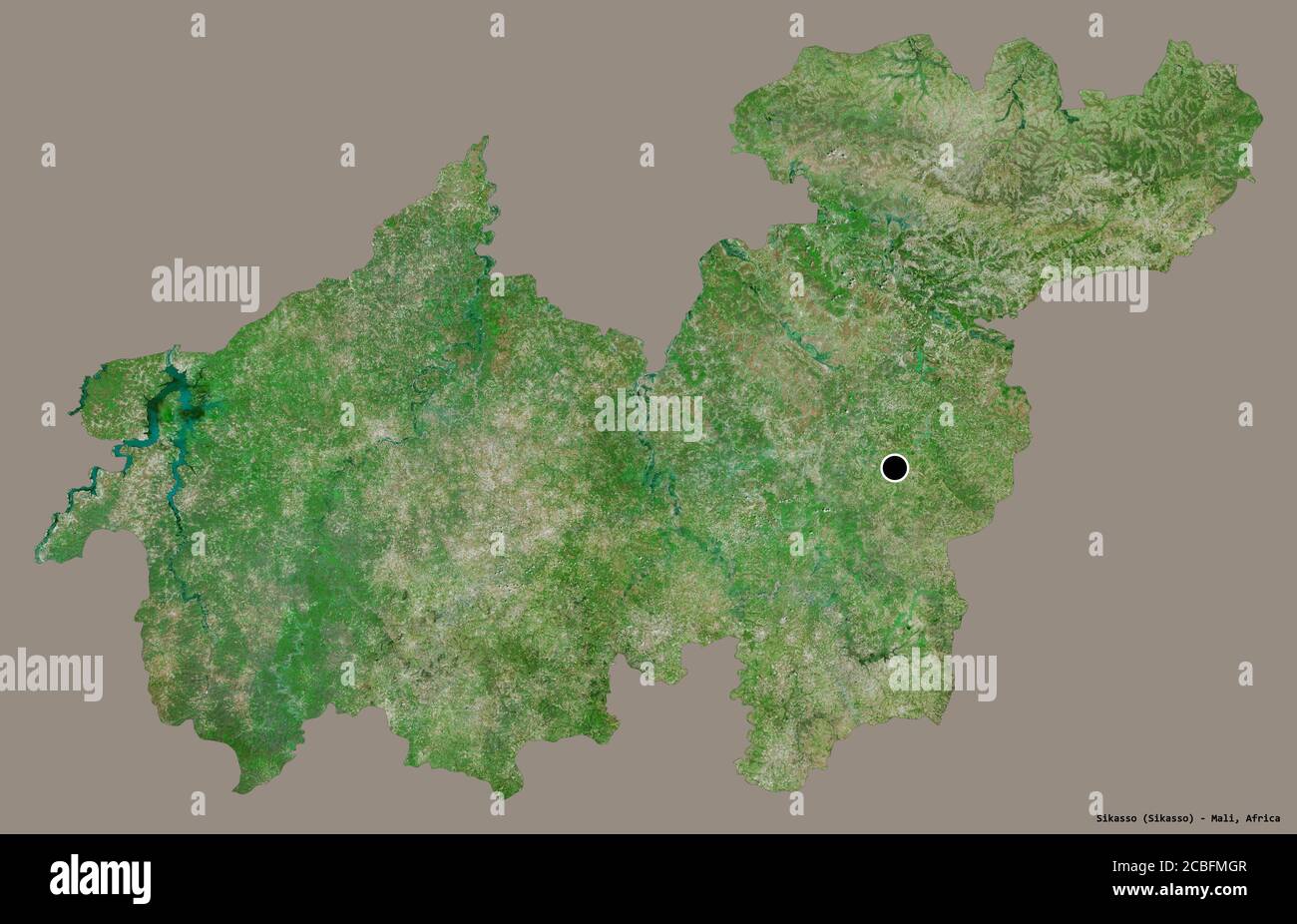 Shape of Sikasso, region of Mali, with its capital isolated on a solid ...