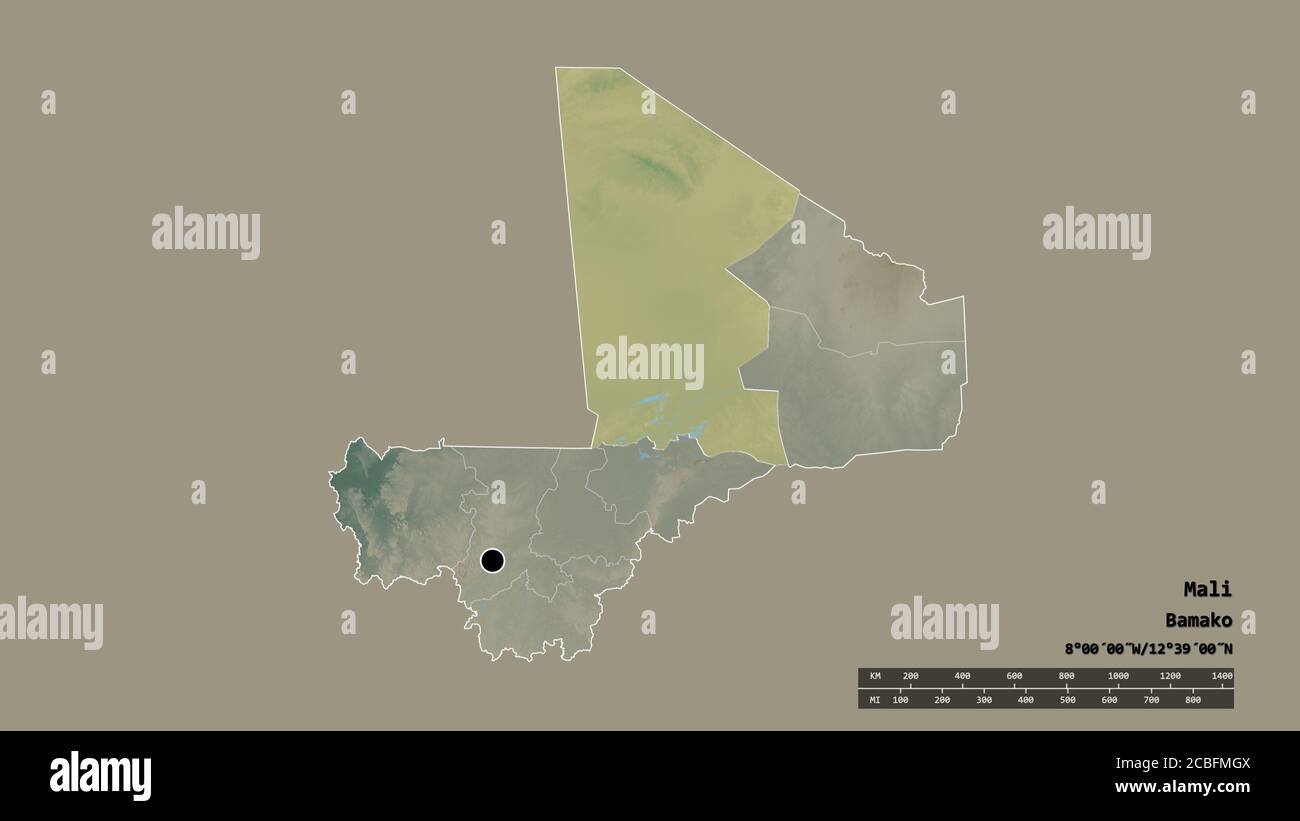 Desaturated shape of Mali with its capital, main regional division and ...