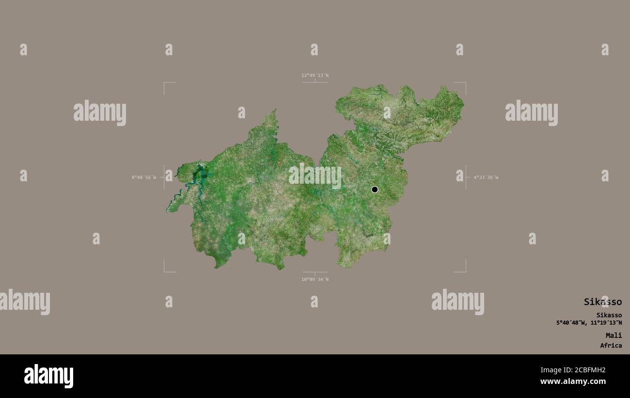 Area of Sikasso, region of Mali, isolated on a solid background in a ...