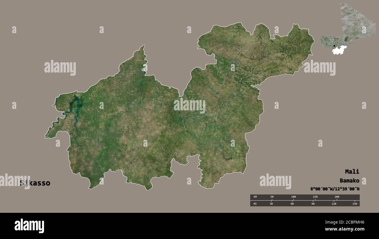 Shape of Sikasso, region of Mali, with its capital isolated on solid ...