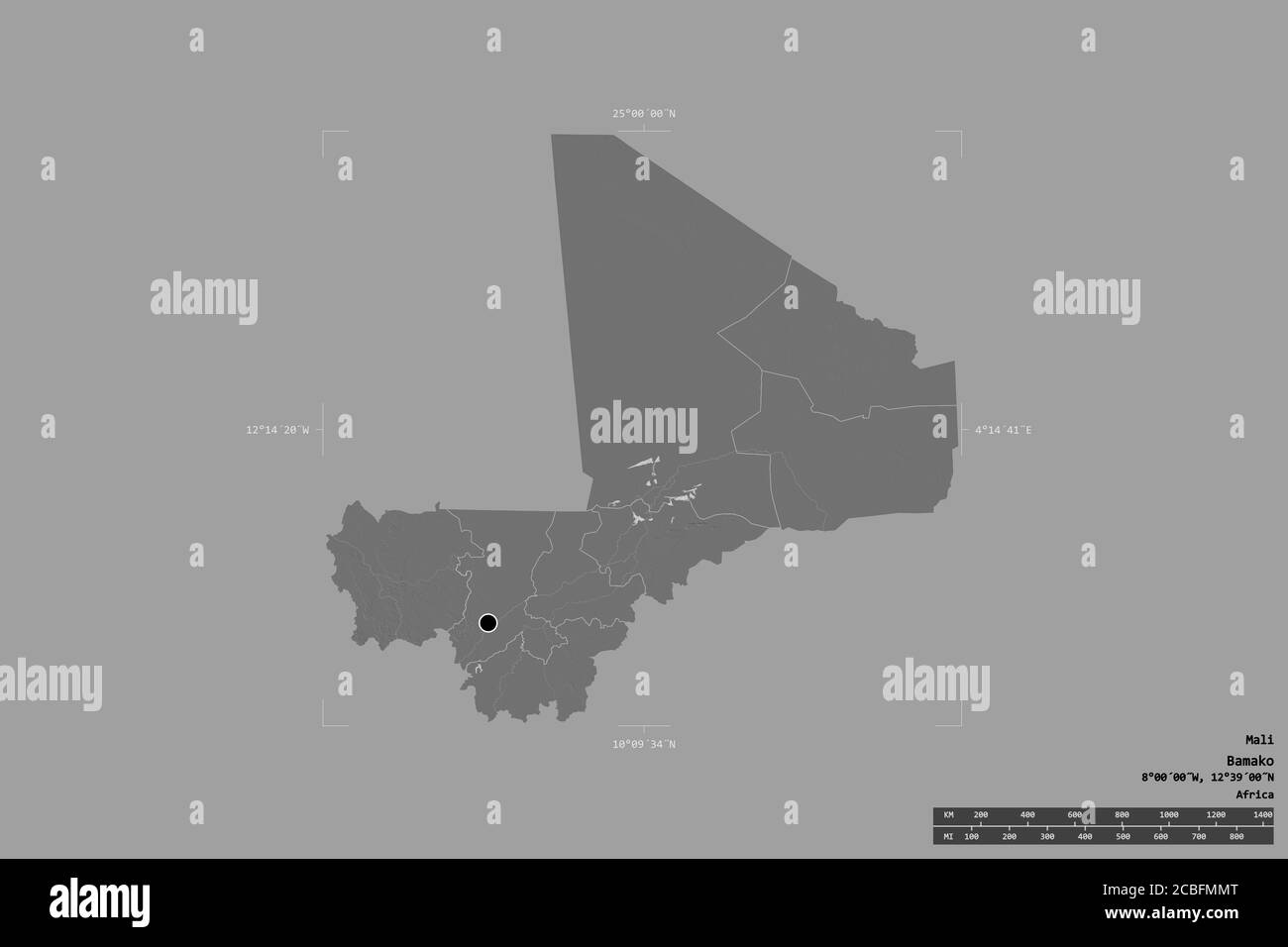 Area of Mali isolated on a solid background in a georeferenced bounding ...