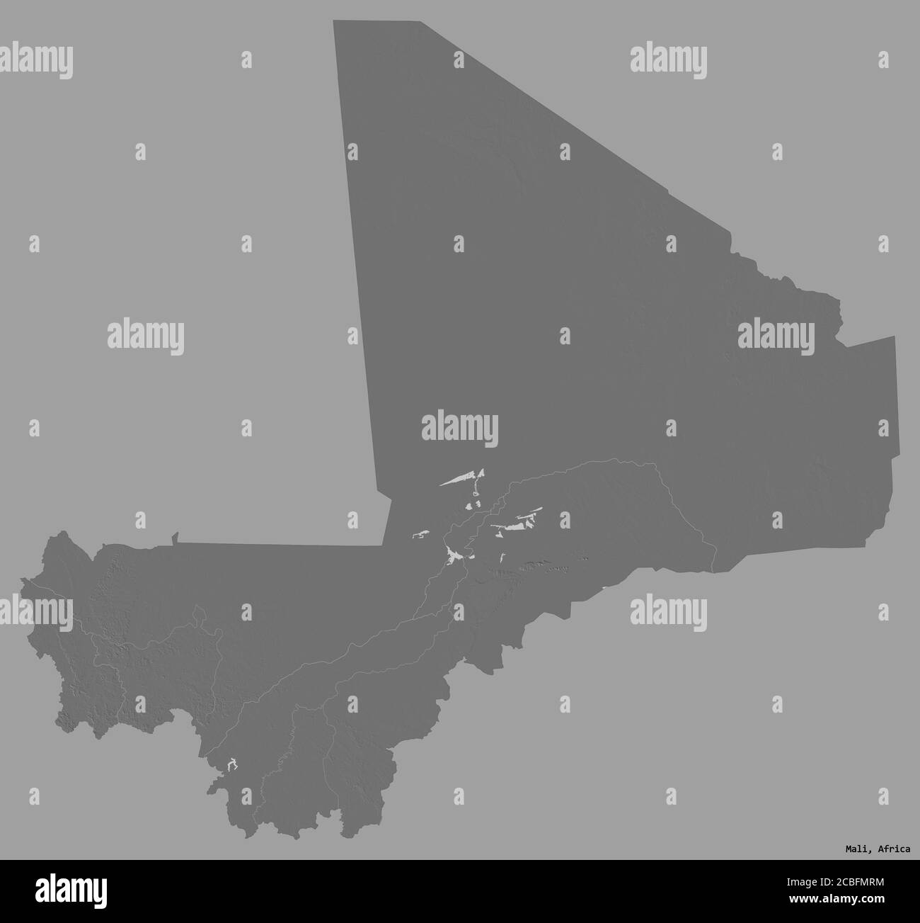 Shape of Mali with its capital isolated on a solid color background ...