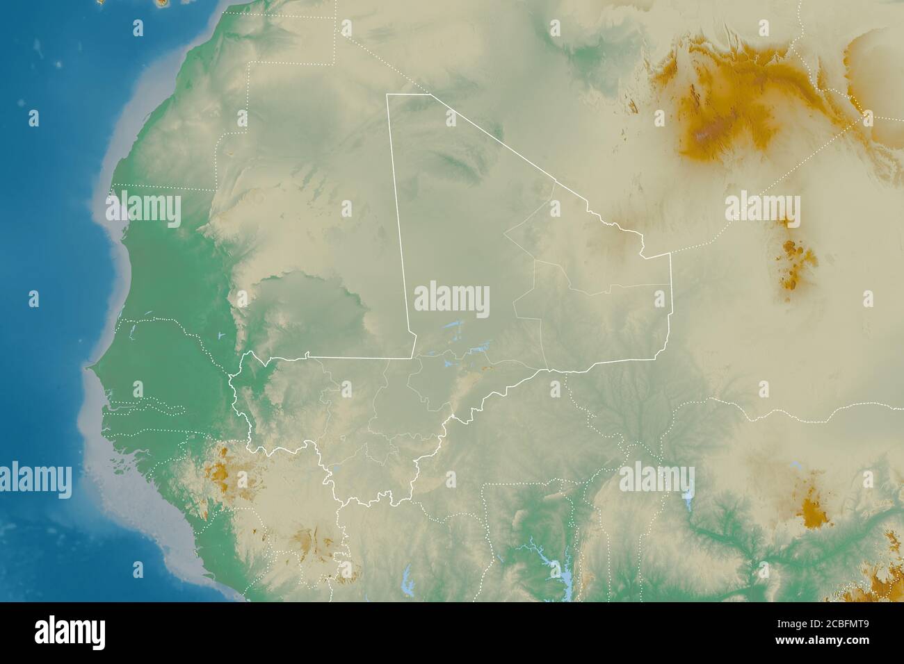 Extended area of Mali with country outline, international and regional ...